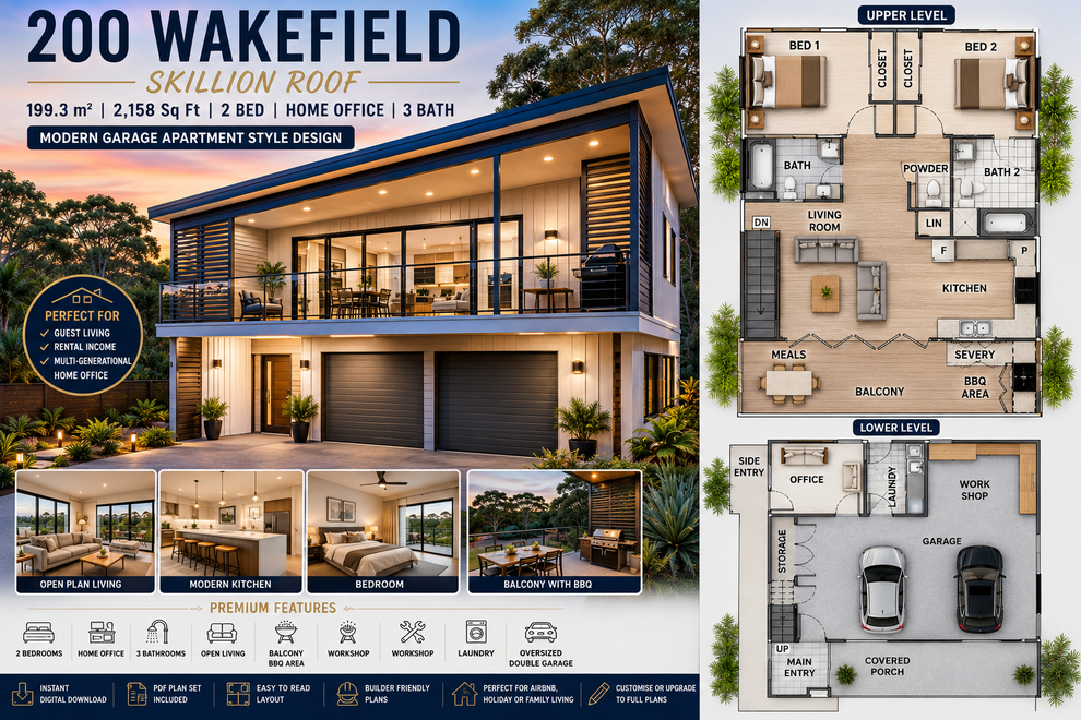 200 Wakefield Skillion Roof Garage Apartment Plan | 2 Bed Home Office ...