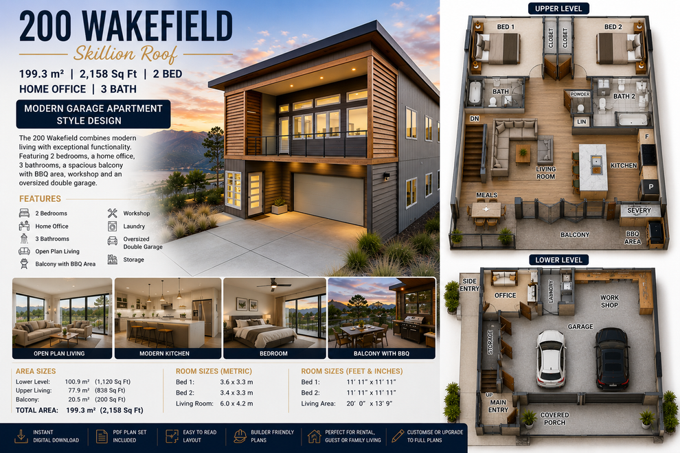 200 Wakefield Skillion Roof Garage Apartment Plan | 2 Bed Home Office ...